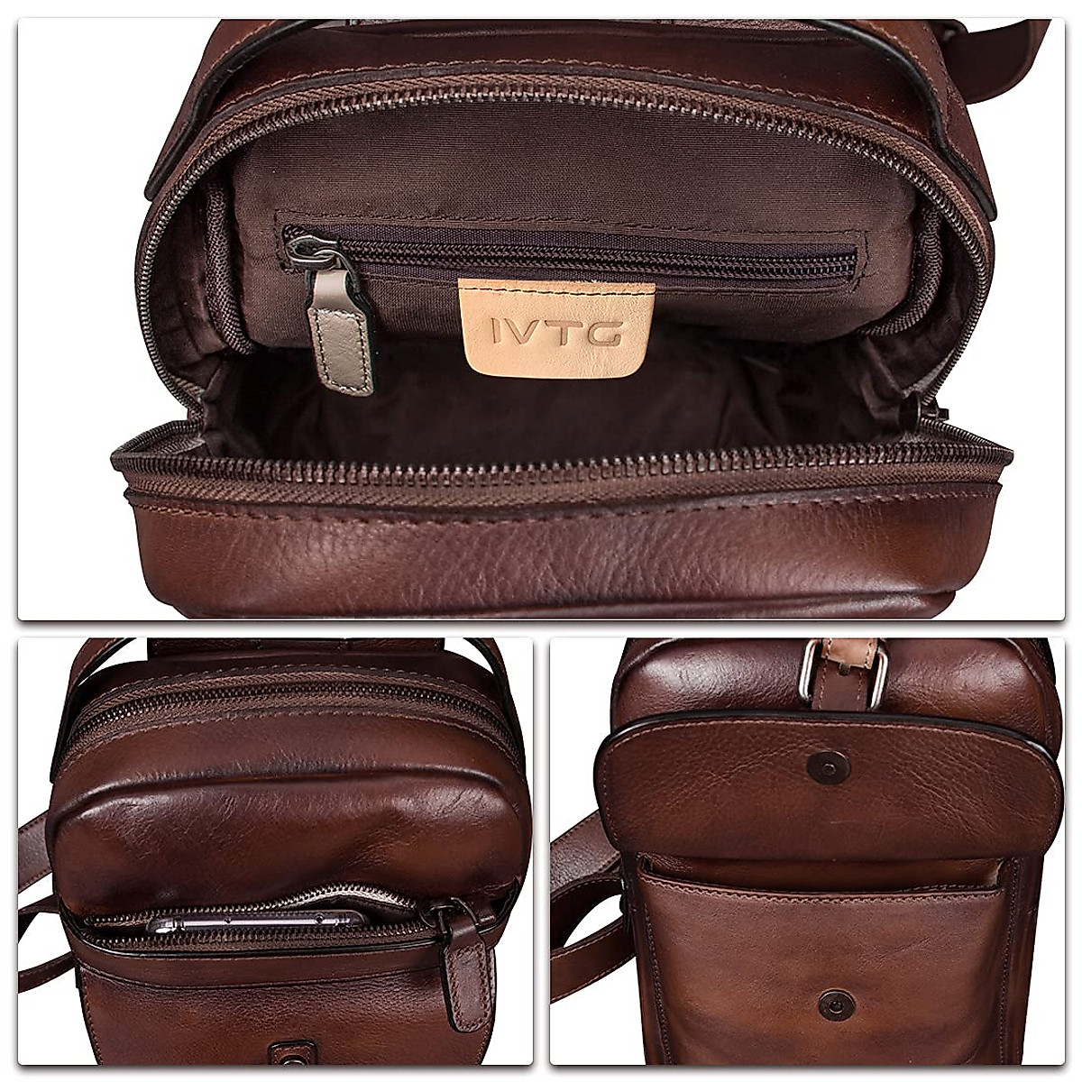 Genuine Leather Sling Bag Chest Shoulder Fanny Bag Hiking Backpack Vintage Handmade Crossbody Daypack (Coffee)