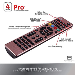 GE Universal Remote Control for Samsung, Vizio, LG, Sony, TCL, Roku, Apple TV, TCL, Panasonic, Smart TVs, Streaming Players, Blu-ray, DVD, 4-Device, Rose, 32934