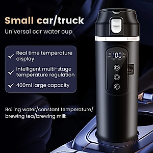 DC 12V/24V Car Travel Electric Kettle, 400ml Car Heating Mug with Anti-Spill Lid, Leak-proof, 304 Stainless Steel Liner Portable Coffee Tea Cup Up to 100℃ Variable Temp Control Bottle