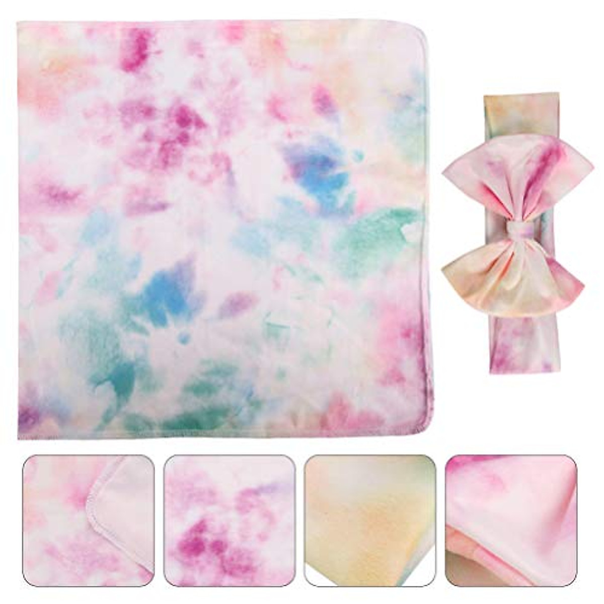TOYANDONA Infant Swaddle Wrap Tie Dye Receiving Blanket with Bow Headbands Baby Wrap Blanket Stretchy Swaddle Sack Photo Booth Prop for Newborn Infant Baby Unisex