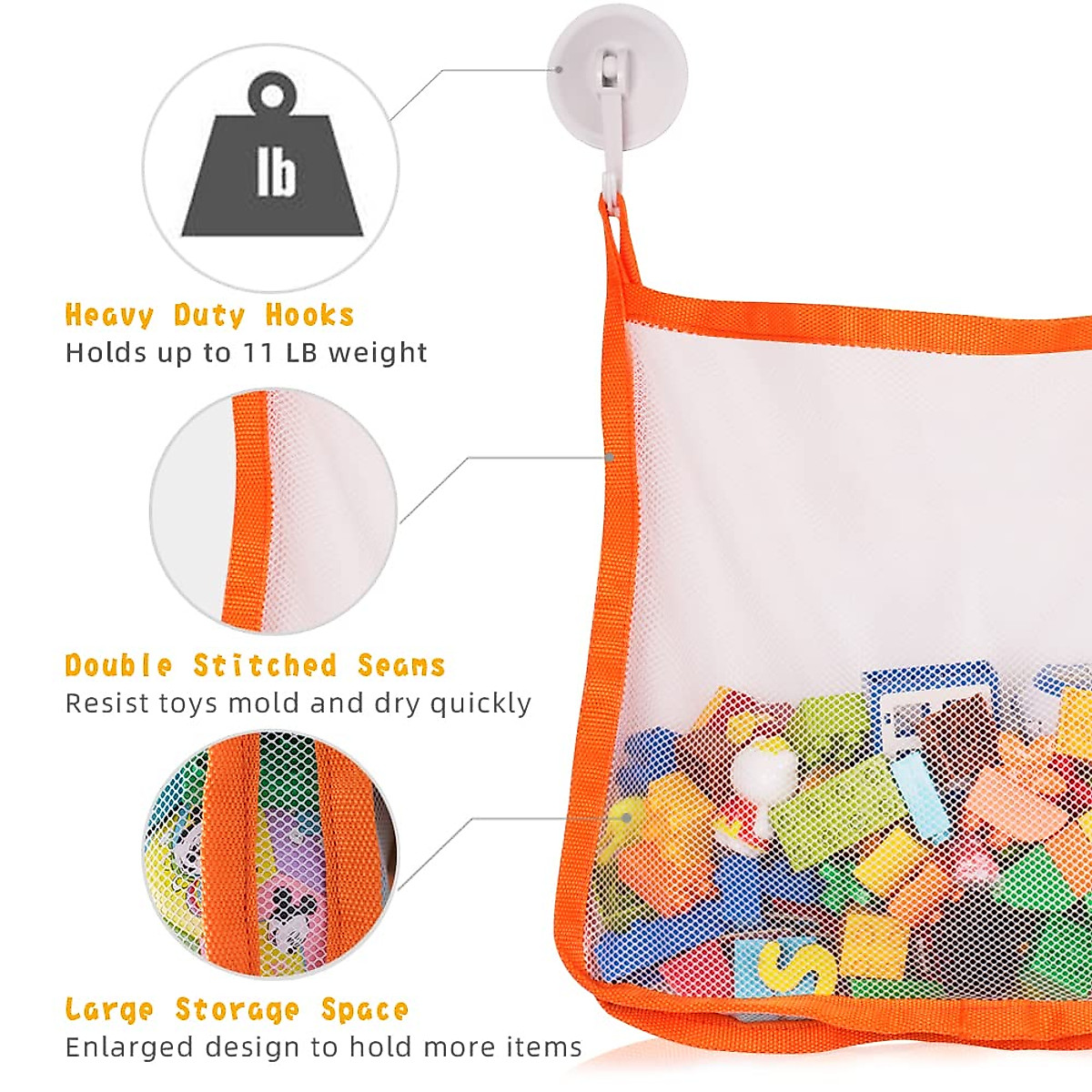 Bath Toy Organizer, SUNDOKI Bath Toy Holder Storage Bags with 4 Suction Cup Hooks and 2 Bath Toy Nets for Kids, Toddlers and Adults (Orange)