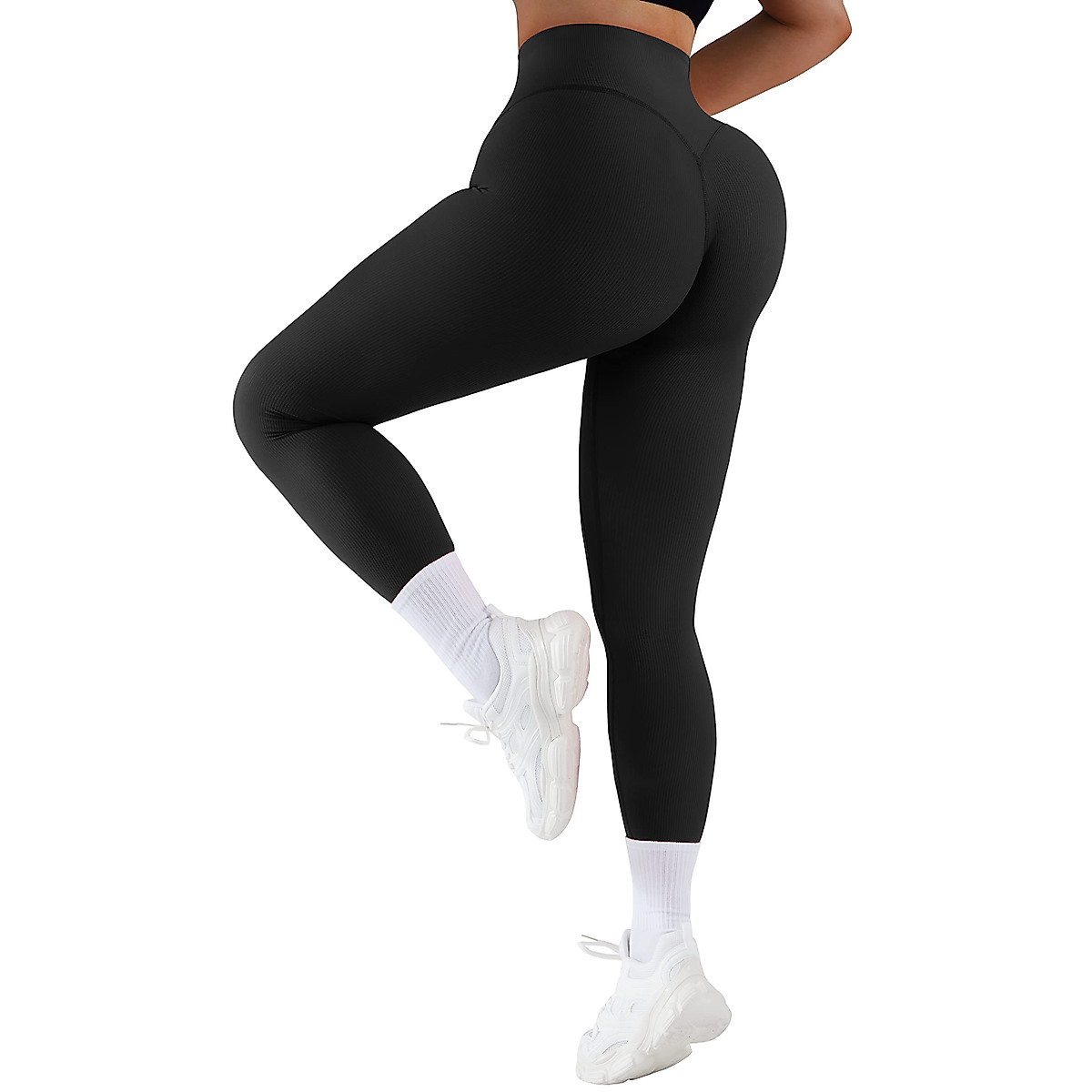 RXRXCOCO Ribbed Butt Lifting Leggings for Women Booty Gym Leggings High Waisted Workout Yoga Pants Black, Small