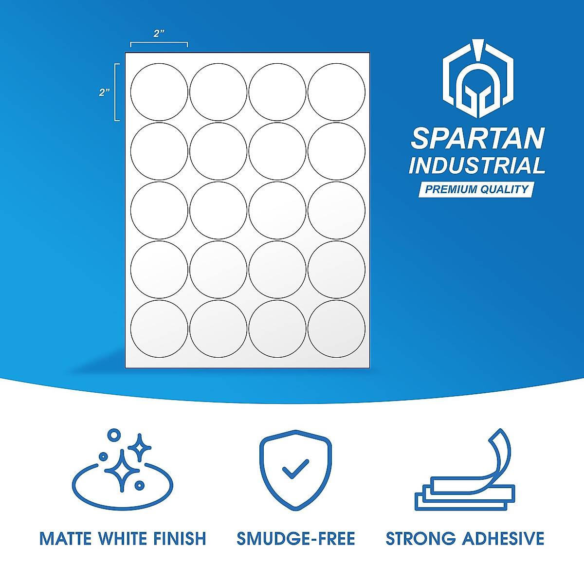 2" Circle Printable Labels Compatible with Inkjet and Laser Printers - 100 Sheets, 2000 Matte White Round Stickers for Product Labeling, Packaging, Organization - Spartan Industrial