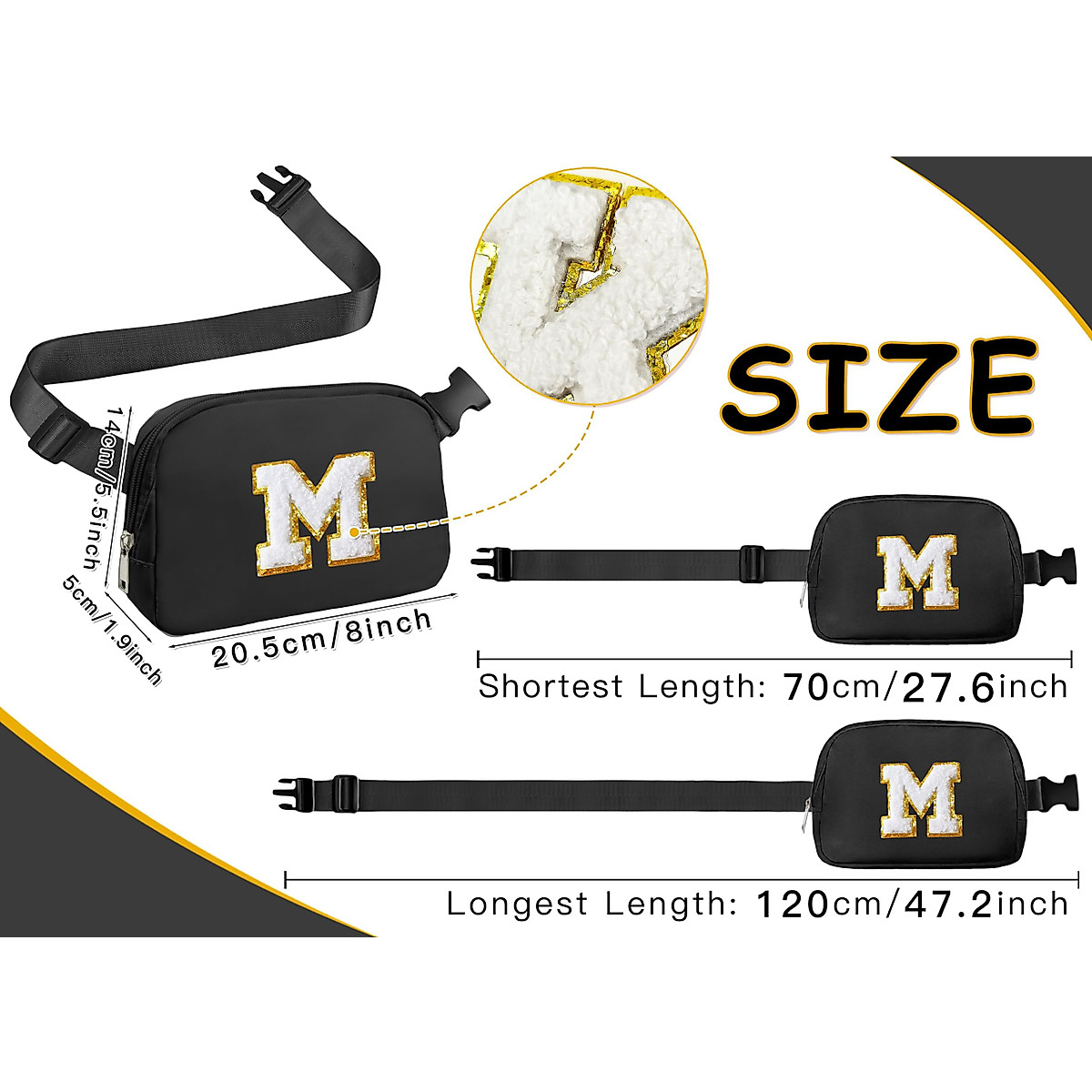 COSHAYSOO Initial Waist Fanny Pack Belt Bag Crossbody with Chenille Letter for Women Teenager Girl Easter Birthday Gift Travel Essential Stuff, Small Preppy Cute Cross body Bum Hip Pouch Black M