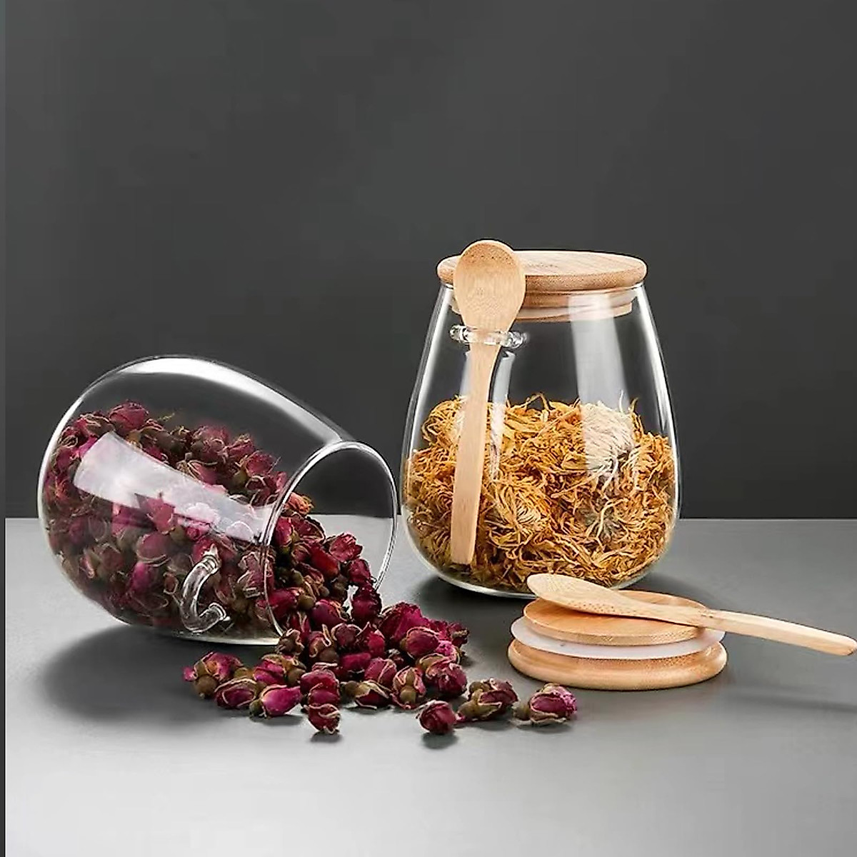 DNIENKGE Airtight glass jar storage container with bamboo lid Set of 2, wide mouth, leak-proof, With a spoon, can be used for coffee beans, tea leaves, grains, dried fruits, etc (Small)