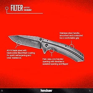 Kershaw Filter Pocket Knife, 3.25” Steel Blade with Assisted Opening, Stainless Steel Handle with Deep-Carry Reversible Pocketclip, Small Folding Knife