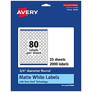 Avery Matte White Round Labels with Sure Feed, 3/4" Diameter, 2,000 Matte White Printable Labels