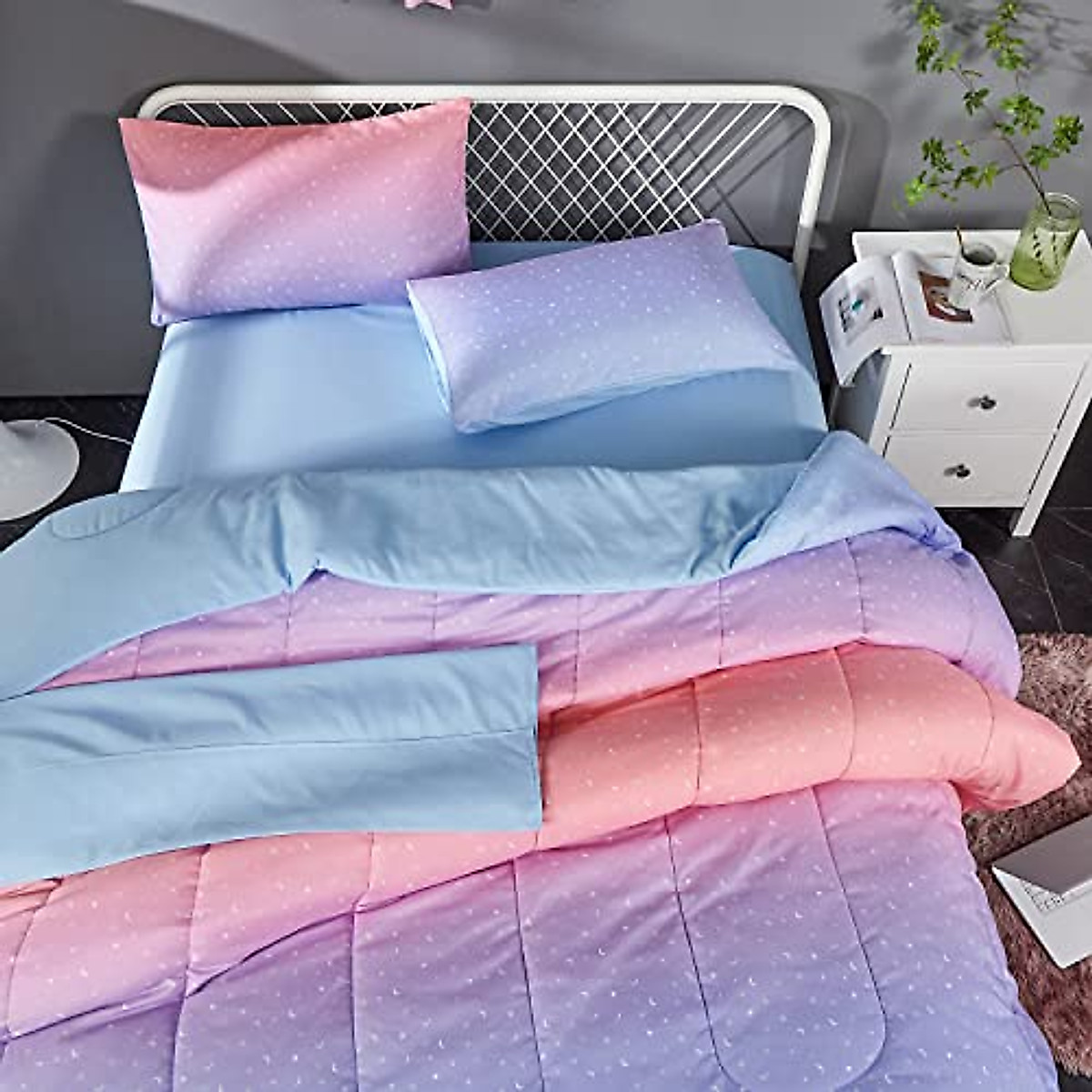 ALAOOKKA Rainbow Comforter Set for Teen Girls Women,Twin Size 4 Piece Bed in A Bag,Metallic Printed Glitter Comforter and Sheets,Ultra Soft Microfiber All Season Bedding Set(Twin,Blue)