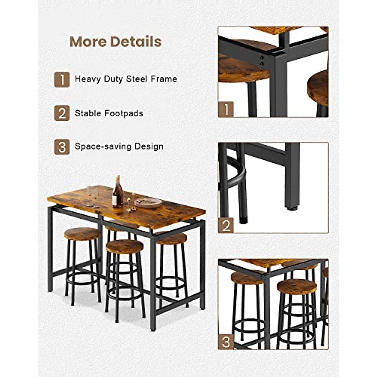 AWQM Bar Table Set,Kitchen Pub Table with 4 Stools, 5 Pieces Dining Table Set, Breakfast Table of 47.2 x 23.6 x 34.6 Inches, Stool of 11.8 x 11.8 x 23.8 Inches Each, Rustic Brown & Black