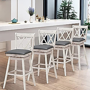 COSTWAY Bar Stool Set of 4, 360 ° Swivel Bar Height 29.5 inch Bar Stool with Foot Rest Upholstered Cushion & Ergonomic Backrest, Sturdy Frame, for Pub, Restaurant, Home (4, Antique White + Grey)