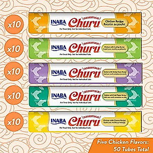 Churu INABA Cat Treats, Grain-Free, Lickable, Squeezable Creamy Purée Cat Treat/Topper with Vitamin E, Taurine, & Green Tea, 50 Servings, Chicken Variety Box