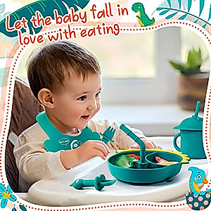Yaomiao 6 Pcs Silicone Toddler Feeding Set Baby Led Weaning Supplies Dinosaur Shape Divided Silicone Suction Plate Adjustable Bib Sippy Cup with Spoon and Fork Straw Set, Microwave Dishwasher Safe