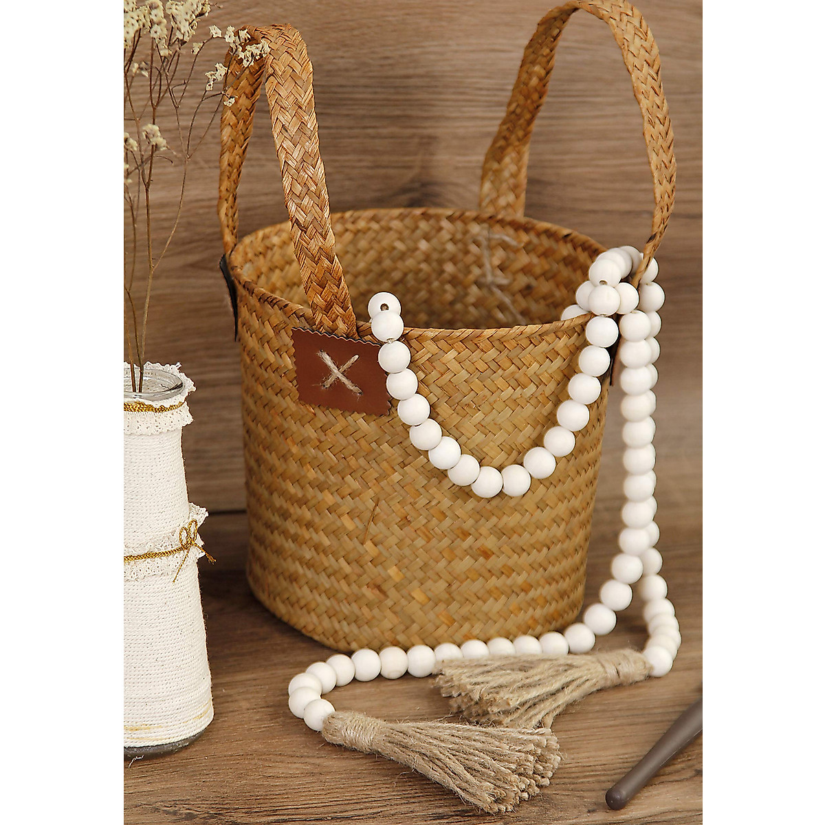 58in Wood Bead Garland with Tassels,Farmhouse Beads Rustic Country Decor Prayer Boho Beads Wall Hanging Decoration (Nature)