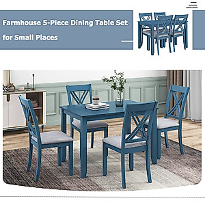 WOZNLA 5-Piece Rustic Round Dining Set-Minimalist Wood Kitchen Table with 4 Comfortable X-Back Padded Chairs-Ideal for Cozy Gatherings, Blue