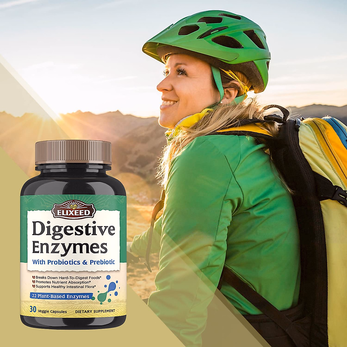 Elixeed Digestive Enzymes Plus Probiotics & Prebiotics, 22 Digestive Enzymes with Amylase, Protease, Lactase & More, Maximum Strength, for Healthy Digestion, Vegan, Non-GMO, 30 Caps