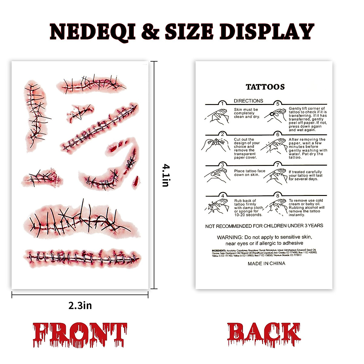 20 Sheets Halloween Zombie Temporary Tattoos - NEDEQI Chucky Scar Fake Blood Tattoos Waterproof Realistic Stitches Wound Temp Tattoo for Chucky Cosume Prank Makeup Cosplay Kids Men Women Adults