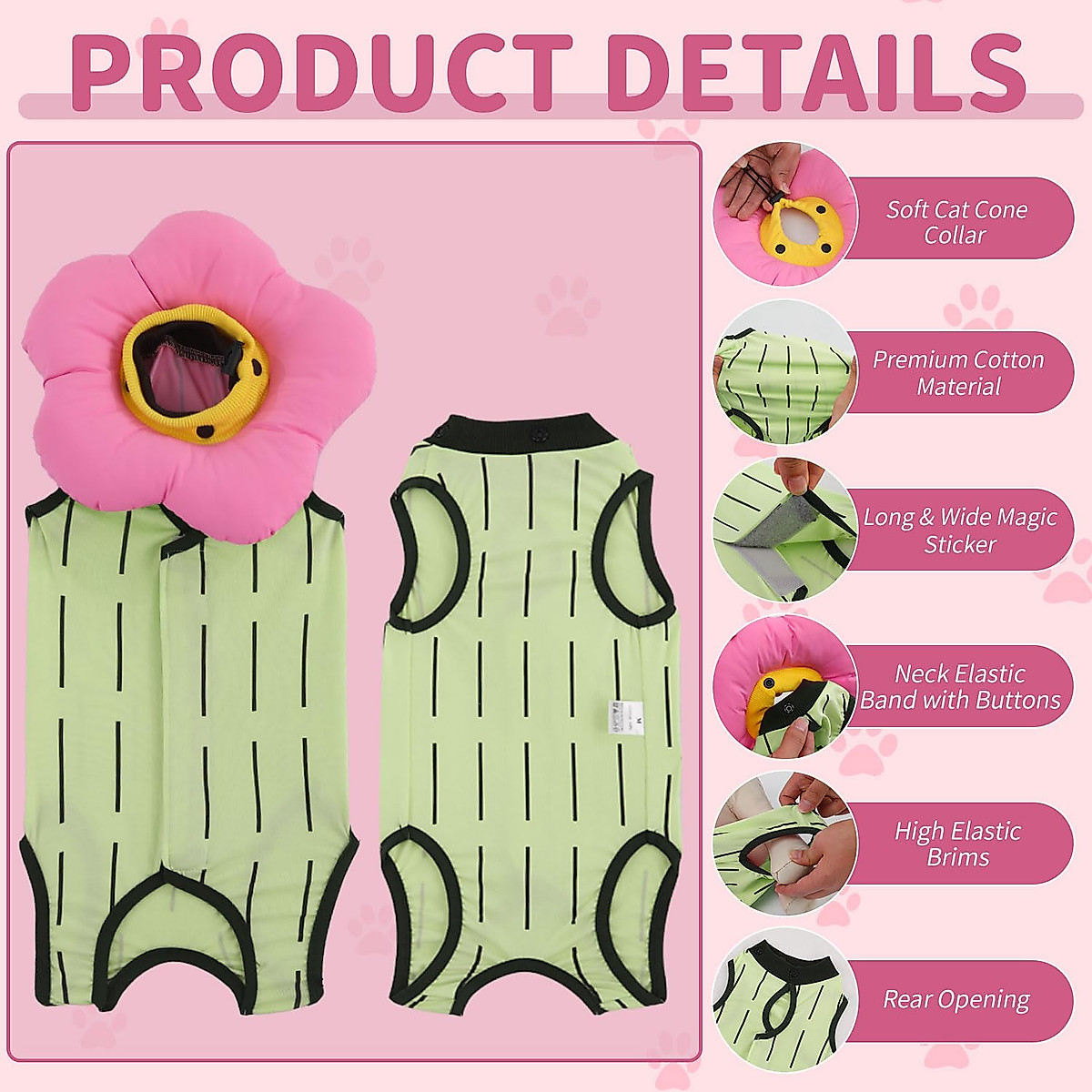 EMUST 2PCS Cat Recovery Suit and Cat Cone Collar Female, Cute Cat Surgical Suit for Abdominal Wounds or Skin Diseases, Adjustable Flower Neck Cat Cone Collar Soft for Cats 4-8lb(Green, M)