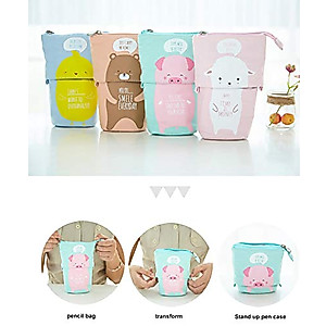 Stand up Pencil Holder Telescopic Pencil Case Transformer Pen Box Cartoon Cute Stationery Pouch Bag Canvas+PU Cosmetics Pouch Stand Store Pen Organizer for Students Boys and Girls (White Sheep)