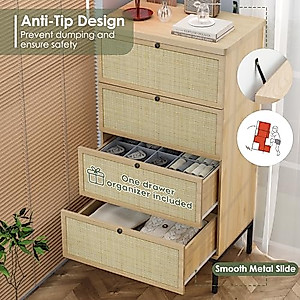 Modern Rattan 4 Drawer Dresser for Bedroom, Industrial Wood Tall Chest of Dressers with Handmade Natural Rattan Drawers, Storage Tower with Sturdy Steel Legs for Closet Living Room