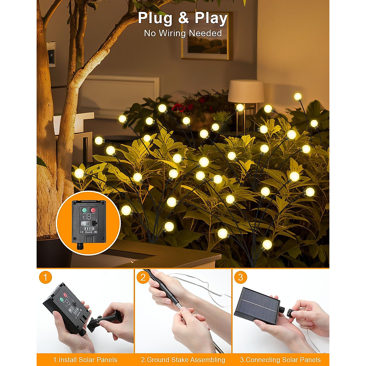 AURPUKAR Solar Garden Firefly Lights - 4 Pack New Upgraded Solar Lights for Outside, 8 Modes Remote Control & Waterproof, Powered Light Outdoor for Yard, Landscape, and Pathway Decorations, Black