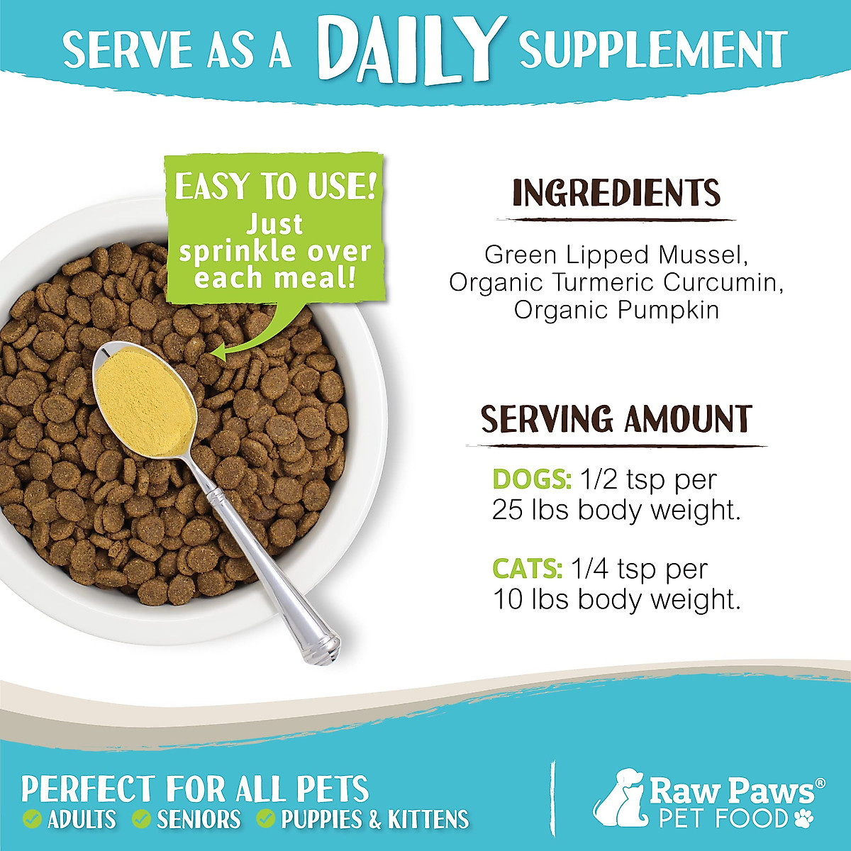 Raw Paws Green Lipped Mussel Hip and Joint Supplement for Dogs & Cats, 10-oz Powder - Green Lipped Mussels for Dogs - Natural Chondroitin Glucosamine for Dogs & Cats - Dog Joint Pain Relief for Dogs