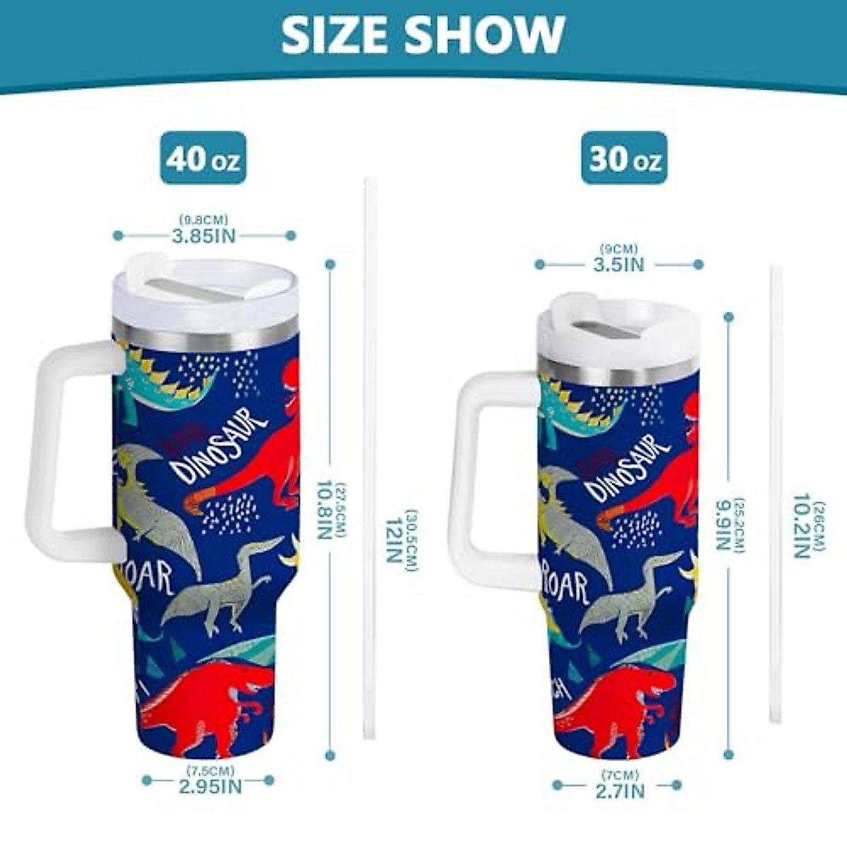 RPLIFE Colorful Dinosaurs Blue 40oz Tumbler with Handle, Stainless Steel Coffee Mug, Insulated Water Bottle with Straw
