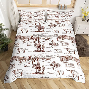 Western Cowboy Bedding Set Queen Size,Vintage Southwest Style Duvet Cover Set Desert Cactus Cow Horse Animals Comforter Cover for Kids Boys Girls Adult Room Decor,Sketch Brown White Quilt Cover 3Pcs