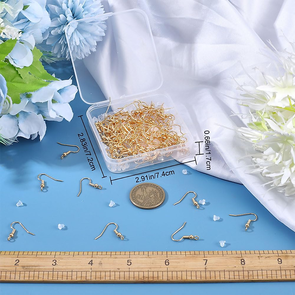 CREATCABIN 110Pcs 18K Gold Plated Earring Hooks Ear Wires Fish Hook Ball End Fish Earring Drop Dangle Coil Wires Connector Earring Findings with 220Pcs Plastic Ear Nuts for DIY Jewelry Making 19x20mm