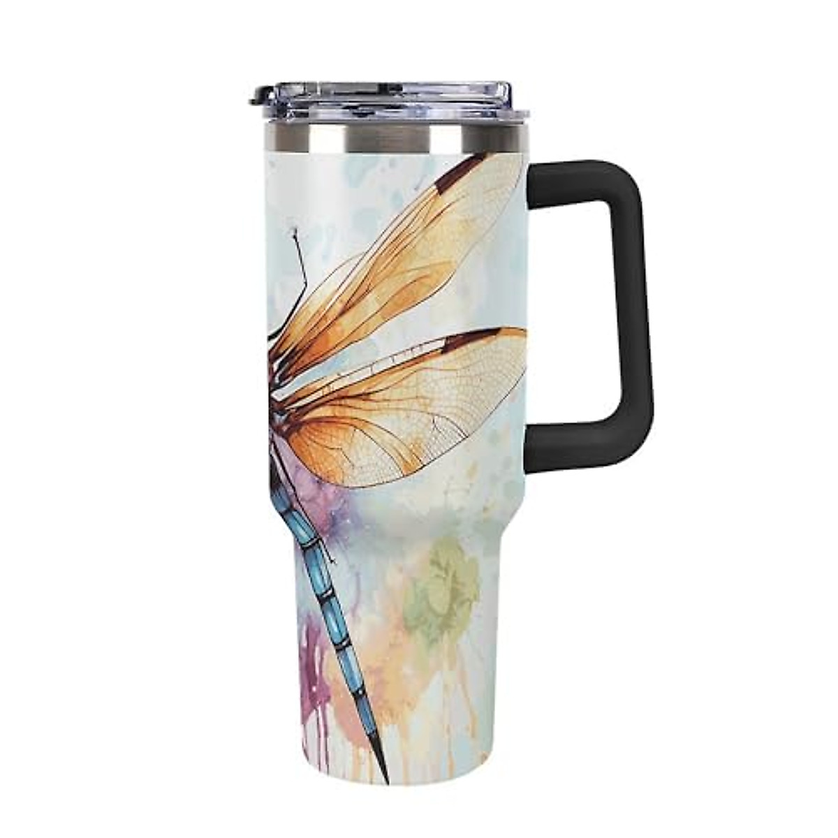 40 Oz Vacuum Tumbler with Black Handle Leakproof Insulated Tumbler Dragonfly Watercolor Painting Stainless Steel Travel Mug with Lid And Straw Coffee Cup Cute Water Bottles Cup Holder Friendly