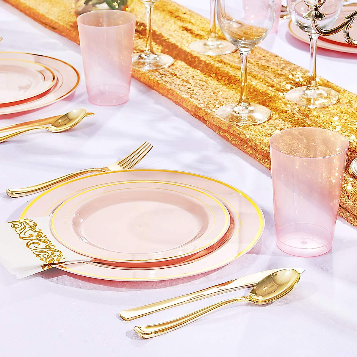 BUCLA 150PCS Pink Plastic Plates With Gold Rim - Pink Plates with Gold Plastic Silverware -Pink Disposable Plates for Easter Party, Bridal Shower, Mother’s Day and wedding