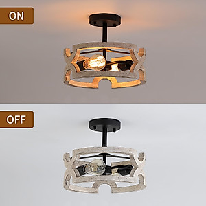 9MMML Flush Mount Ceiling Light, Wood Drum 2 Lights Ceiling Light Fixtures, Rustic Farmhouse Ceiling Lamp for Entryway Hallway Bedroom,E26