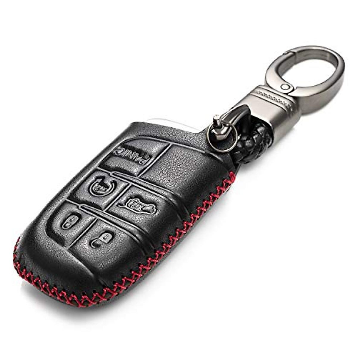 Vitodeco Genuine Leather Smart Key Keyless Remote Entry Fob Case Cover with Key Chain for JEEP, Dodge, Chrysler (5 Buttons, Black/Red)
