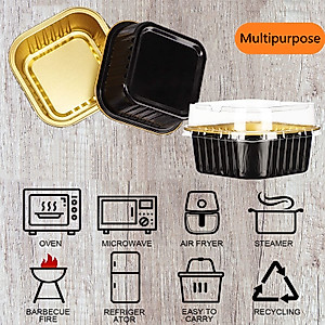 AXZTYYLA Square Baking Cups, 50pcs 5oz Aluminum Foil Mini Cake Pans with Lids, Disposable Creme Brulee Ramekins Muffin Tins Flan Cupcake Liners Dessert Cups Containers with 50 Spoons (Black, 50pcs)