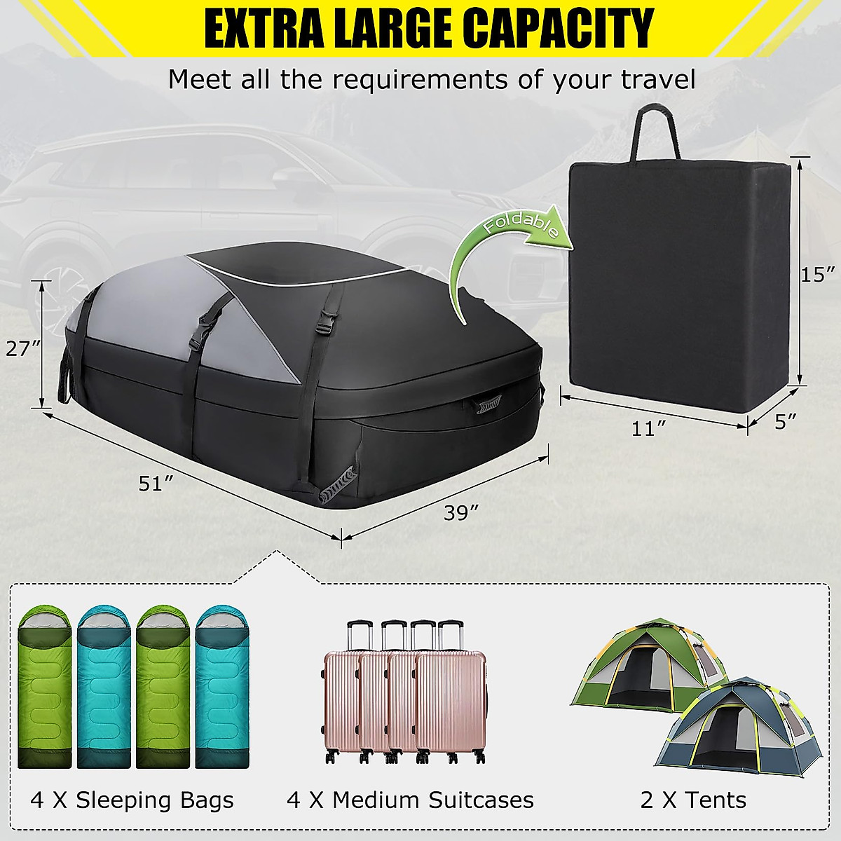 20 Cubic Car Rooftop Cargo Carrier Bag - Waterproof Heavy Duty Car Roof Bag for All Vehicle with/Without Racks - Easy to Install Soft Rooftop Luggage Carriers with Wide Straps