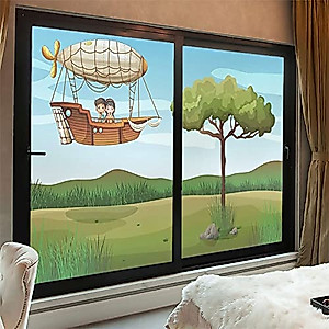 Blue Green Static Clung Window Film Frosted Stained Flower Glass Sticker for Privacy Explore Girl Boy New Adventures Hot Air Balloon Privacy Film 17.7Wx23.6L-inch x2 Pcs