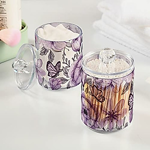 Clear Plastic Jar Set for Cotton Ball, Cotton Swab, Cotton Round Pads, Floss, Purple Flower and Butterfly Bathroom Canisters Storage Organizer, Vanity Makeup Organizer,2Pack