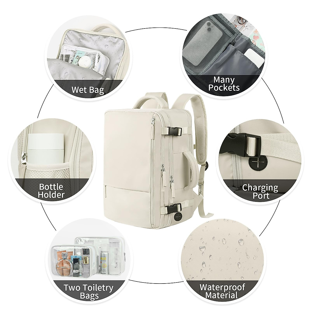 Hanples Travel Backpack for Women as Person Item Flight Approved, Large Carry On Backpack, 17.3 Inch Laptop Backpack, Waterproof Backpack, Hiking Backpack, Casual Bag (Beige)