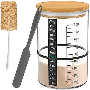 Sourdough Starter Jar Kit with Wooden Lid, 900ml/30.4oz Sourdough Starter Container, Clear Glass Sourdough Starter Cup Wide Mouth Sourdough Jar Kit with Spatula Rubber Band Loofah for Breads Baking