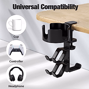 360° Rotating Controller Headphone Holder - Larger Desk Cup Holder with Adjustable Headset Hanger Controller Stand | Clamp On Desk Organizer | Gaming Pc Accessories