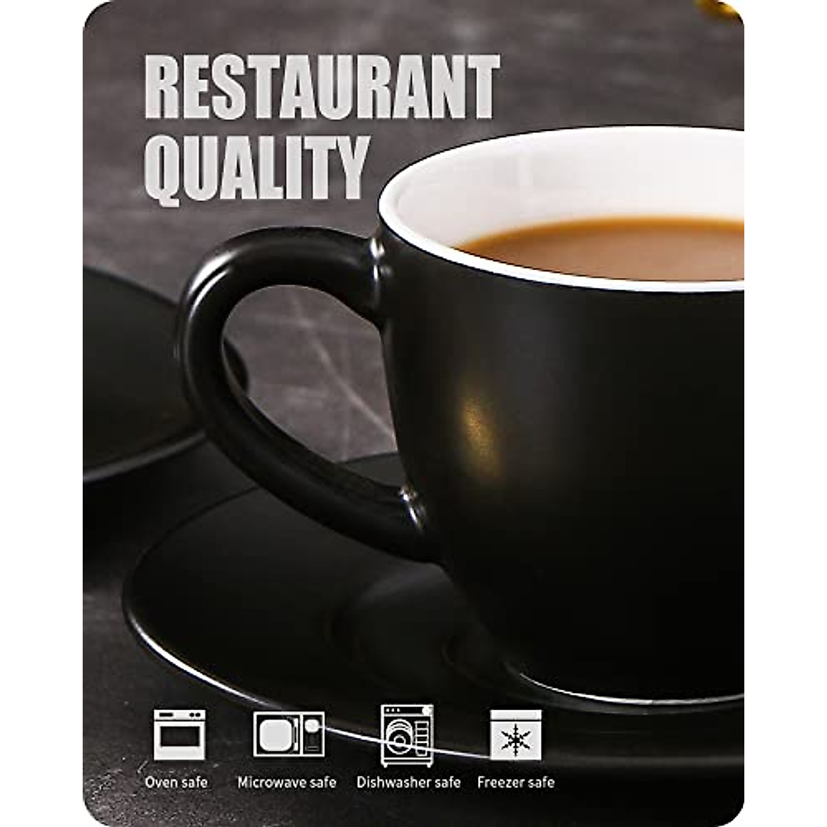 Lareina Espresso Cups with Saucers, Spoons and Metal holder, 3 oz Porcelain Demitasse Cups Set of 6, Small Coffee Cups with Handle for Nespresso Lungo, Espresso, Cortado and Tea, Black