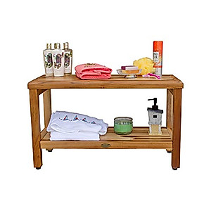 EcoDecors Eleganto Shower Bench 30” Teak Wood Garden Bench with Storage Shelf Wooden Seat Patio Bench Natural Wood Shower Bench for Indoors and Outdoors