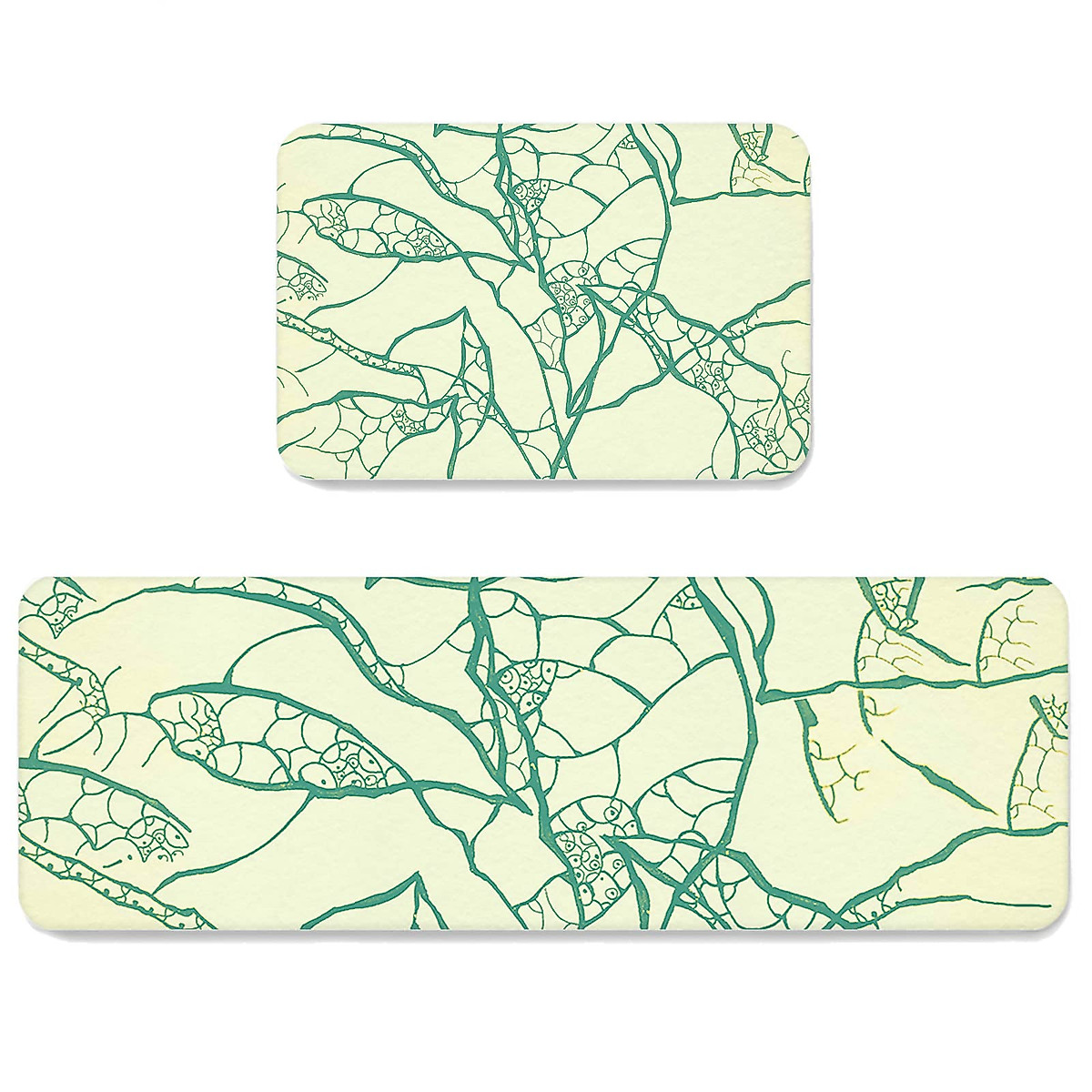 Green Yellow Kitchen Rugs Set of 2 Floor Mats, Abstract Botanical Art Hand Draw Lines Kitchen Rugs and Mats Non Skid, Cushioned Comfort Standing Mats, 24"x36"+24"x71"