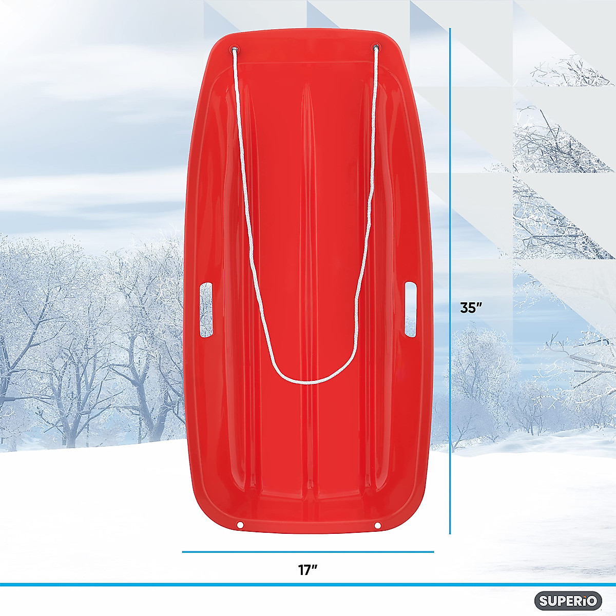 Superio Toboggan Snow Sleds for Kids and Adults, 35" Long (2 Pack) Plastic Sled with 2 Handles and a Pull Rope, Winter Snow Fun(Red and Blue)