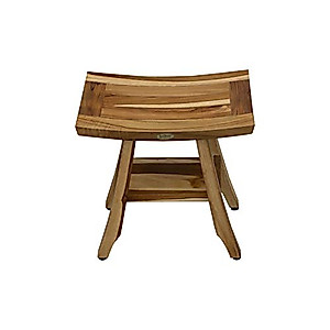 EcoDecors Satori Shower Stool Teak Wood Shower Bench with Curved Seat and Shelf 17″ Wooden Seat Shower Stool in Earthy Teak Finish