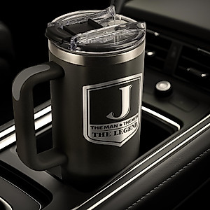 Leebbsin Gifts for Men, Initial 40oz Tumbler with handle and straw, Personalized Birthday Gifts for Men, Him, Dad, Grandpa, Husband, Monogrammed The Man The Myth The Legend Cup for Coffee, Tea (J)
