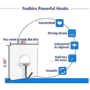 Fealkira Adhesive Wall Hooks 13.2lb(Max) Utility Stainless Steel Hook for Towel Bathrobe Coats,Bathroom Kitchen Waterproof and Oilproof Nail Free Transparent Heavy Duty Hook & Ceiling Hanger(10pcs)
