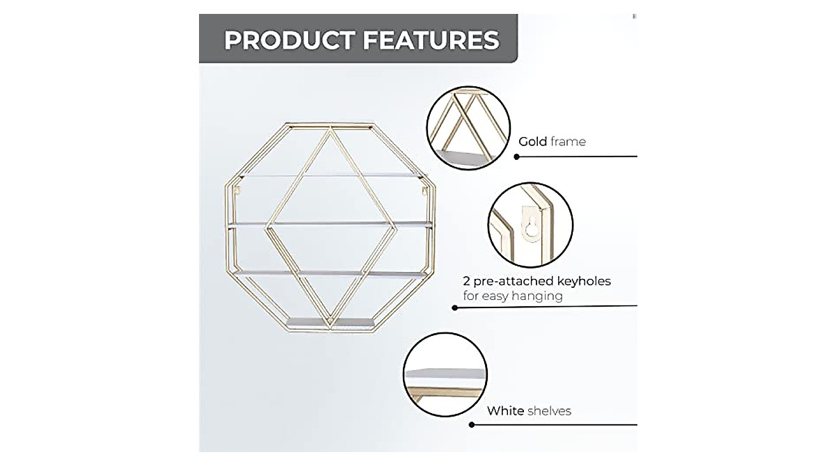 Decorative Octagonal Metal & Wood Floating Shelf in Gold & White