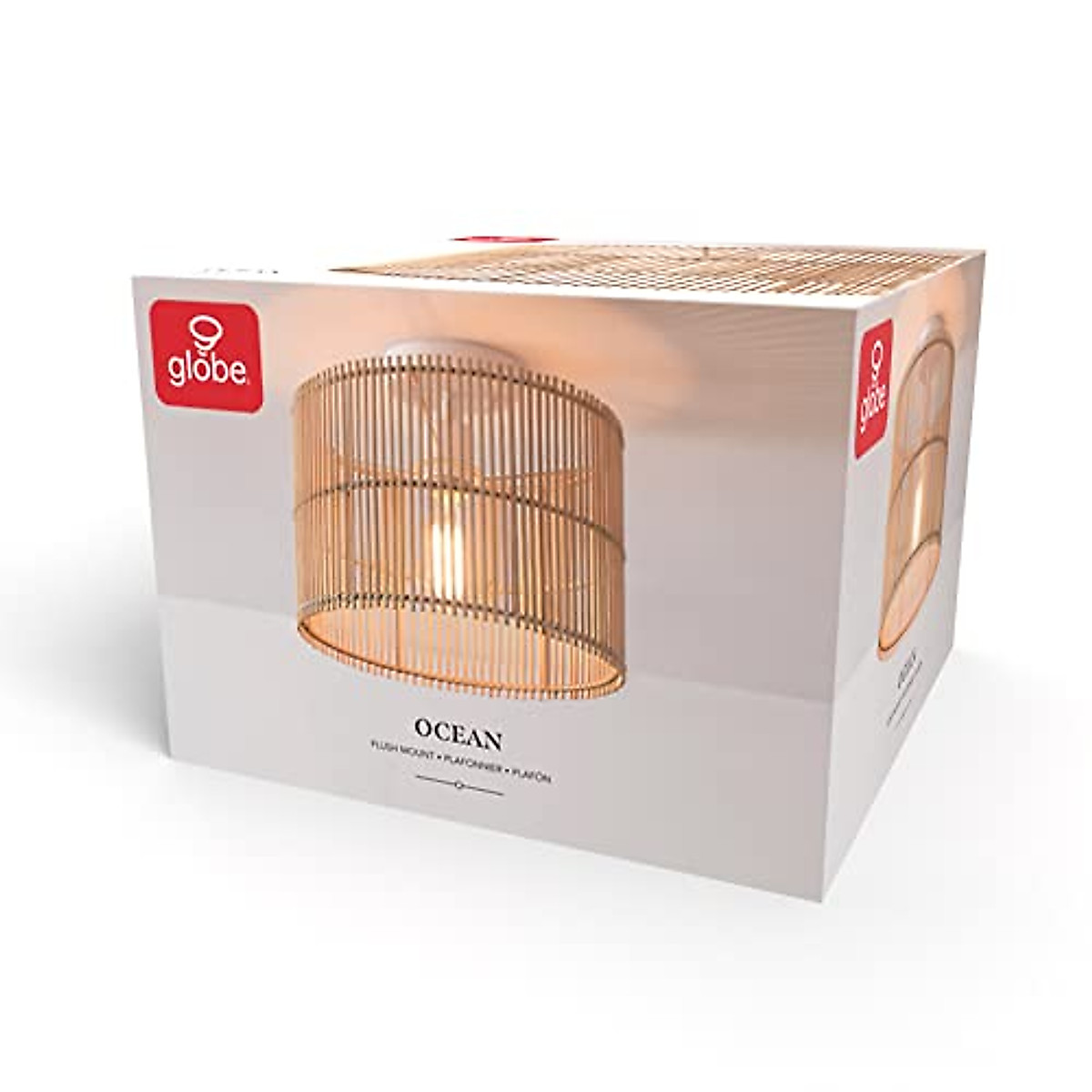 Globe Electric 65901 1-Light Flush Mount Ceiling Light, Matte White, Natural Bamboo Shade, Bulb Not Included