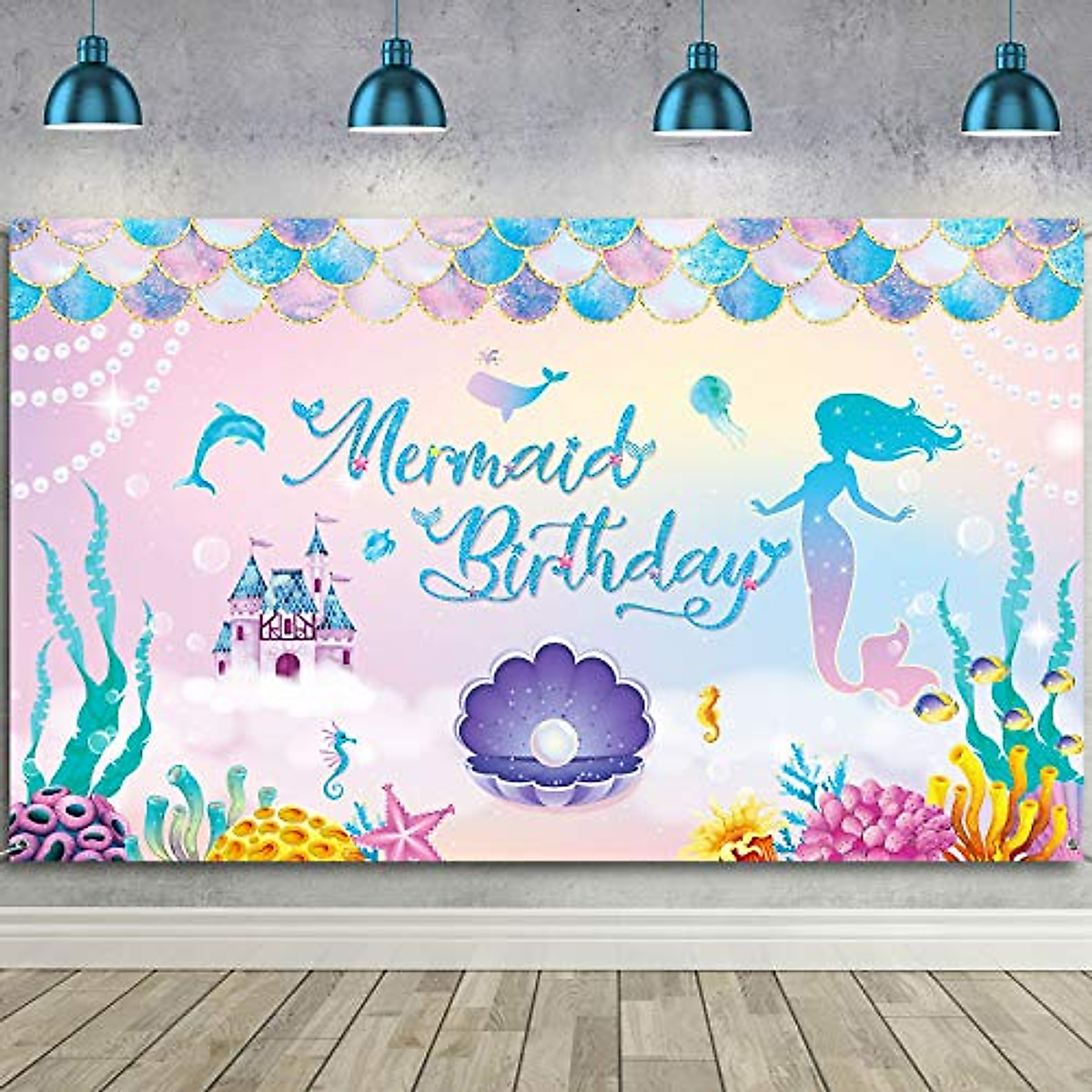 Mermaid Party Decorations Under The Sea Backdrop for Girls Birthday Party Photography Background Banner Purple Pink Scales Photo Booth Props, 6 x 3 ft