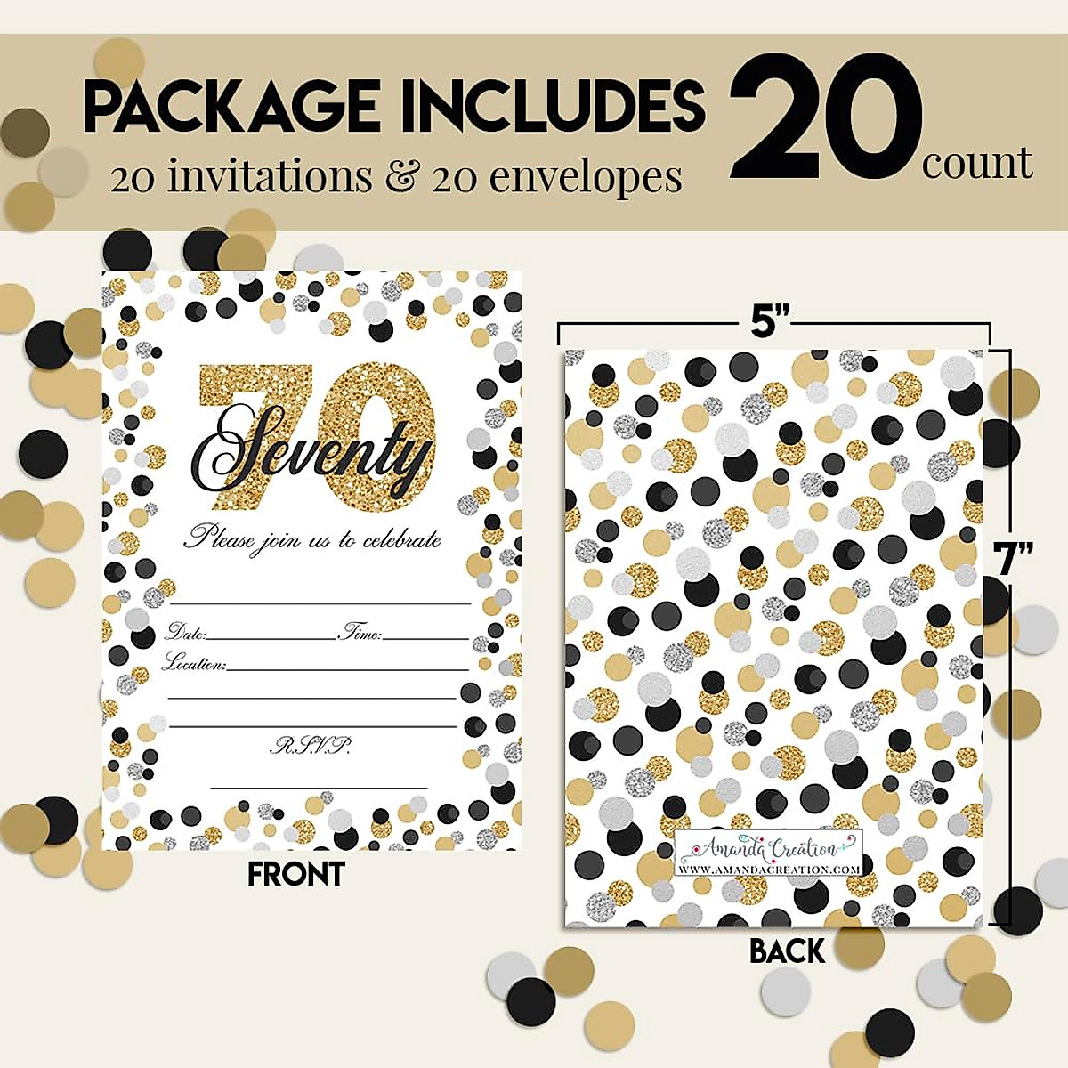 Confetti Polka Dot 70th Birthday Party Invitations, 20 5x7 Fill In Cards with Twenty White Envelopes by AmandaCreation